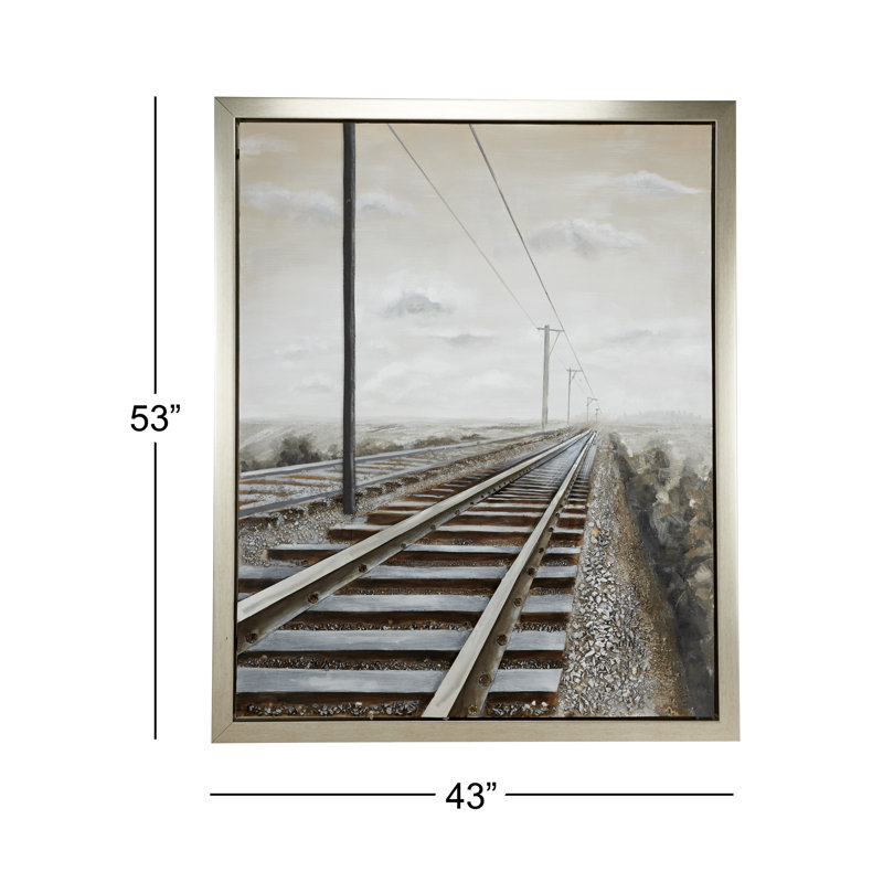 Williston Forge Canvas Railroad Track Landscape Gray Framed Wall Art with Silver Frame ...